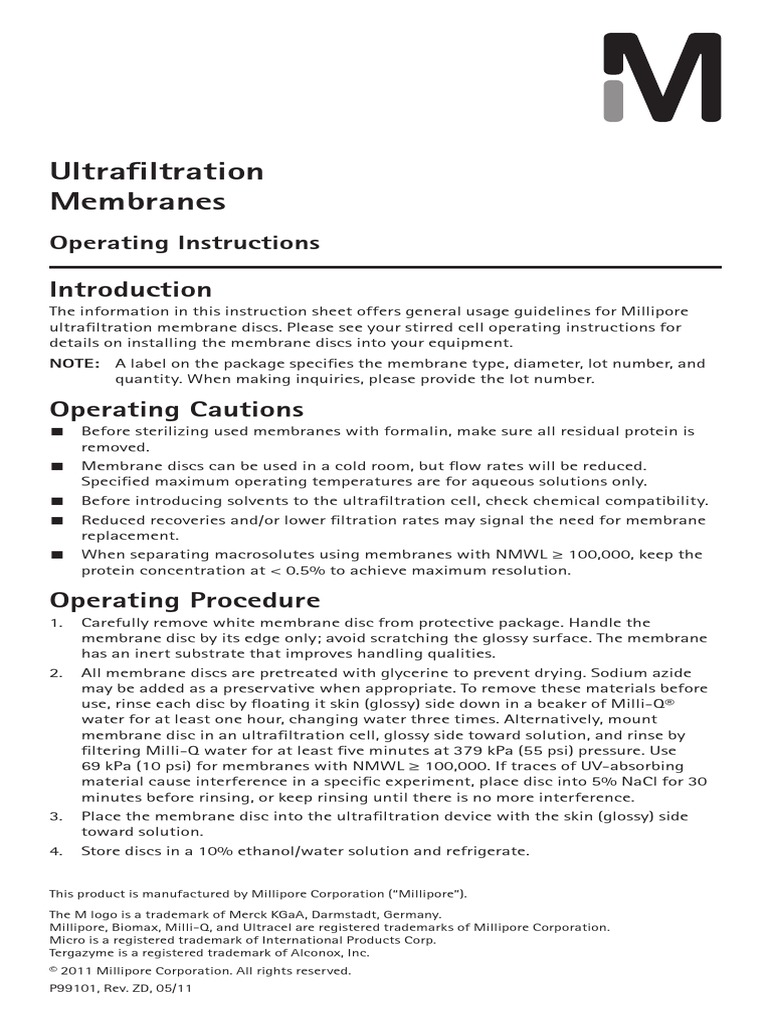 Millipore UF Membranes Protocol (Ultracel) PDF | PDF | Membrane ...