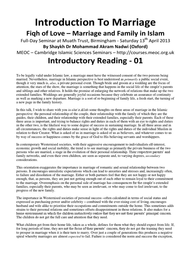 Introduction To Marriage - Shaykh DR Mohammad Akram Nadwi | PDF ...