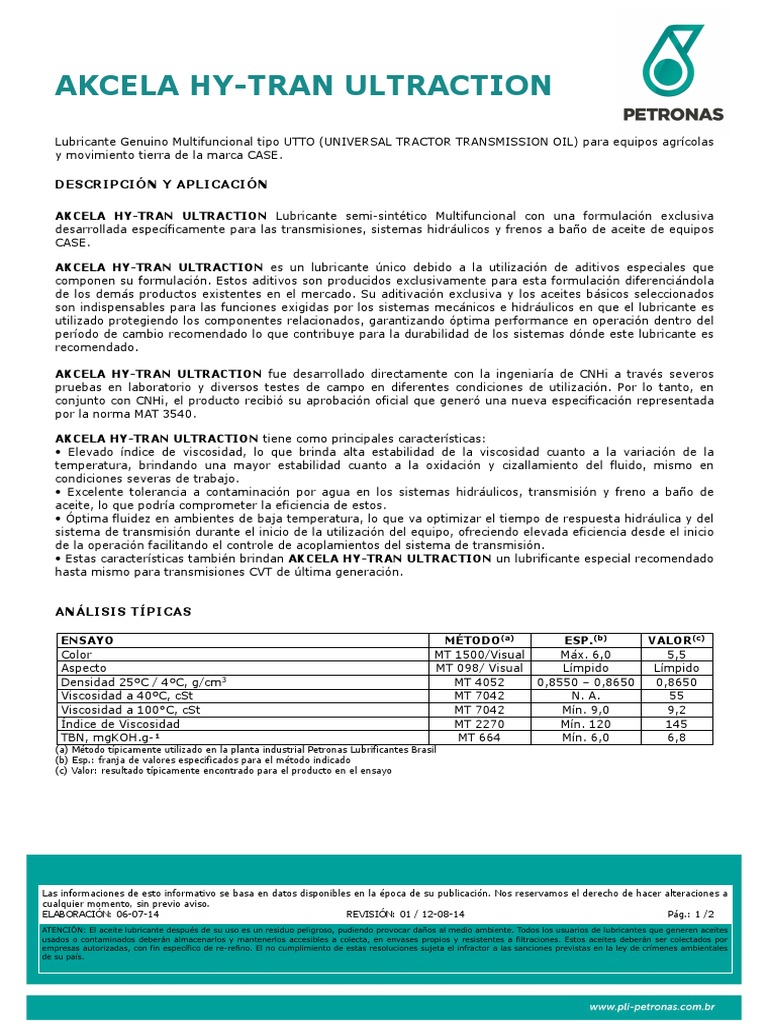 AKCELA HY-TRAN ULTRACTION - Esp PDF | PDF | Lubricante | Materiales
