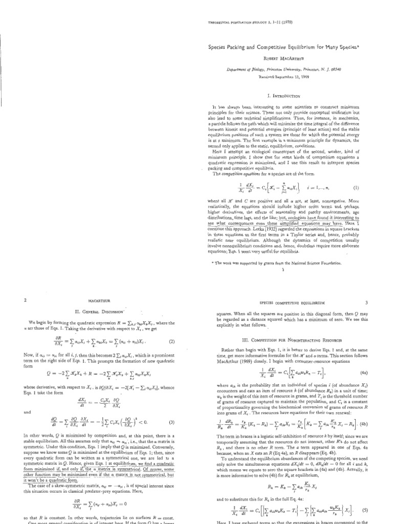 (Macarthur, 1970) Species Packing | PDF | Eigenvalues And Eigenvectors | Stability Theory
