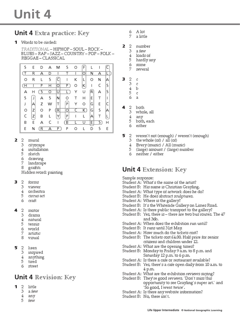 Unit 4: Extra Practice: Key | PDF | Paintings | Entertainment (General)