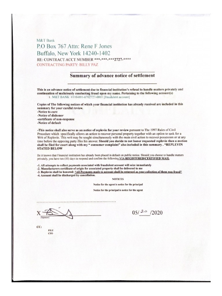 Notice of Advance Settlement | PDF