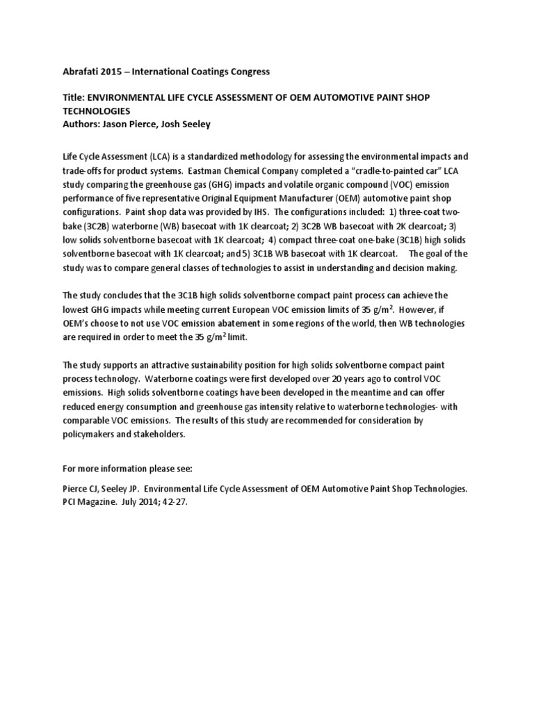 Environmental Life Cycle Assessment of Oem Automotive Paint Shop | PDF