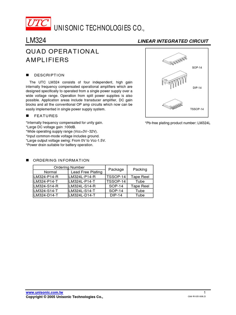 Unisonic Technologies Co.,: Quad Operational Amplifiers | PDF | Amplifier | Operational Amplifier