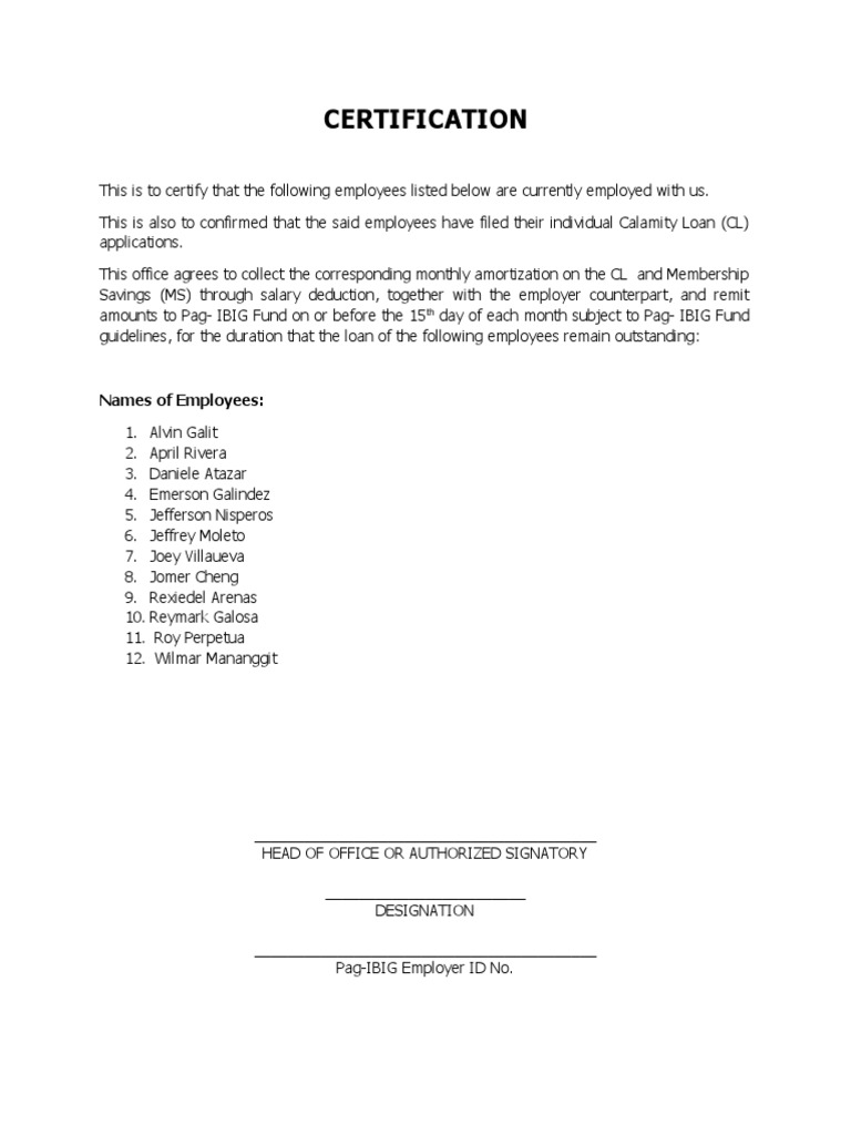 Certification: Names of Employees | PDF