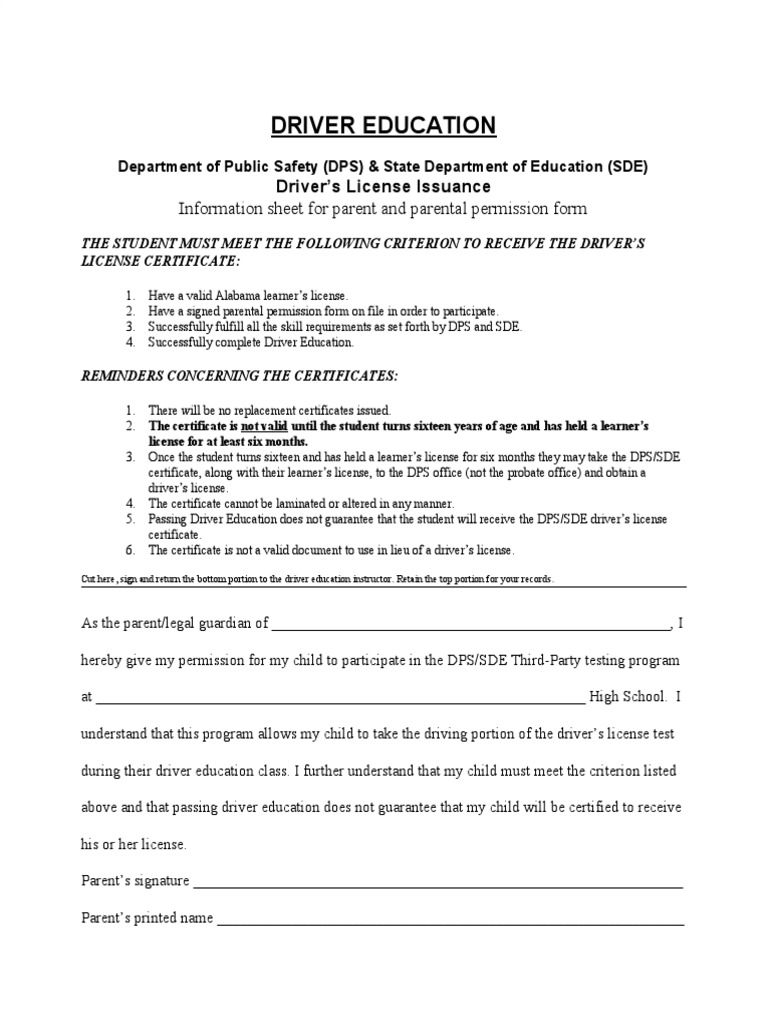 Driver Education: Information Sheet For Parent and Parental Permission ...