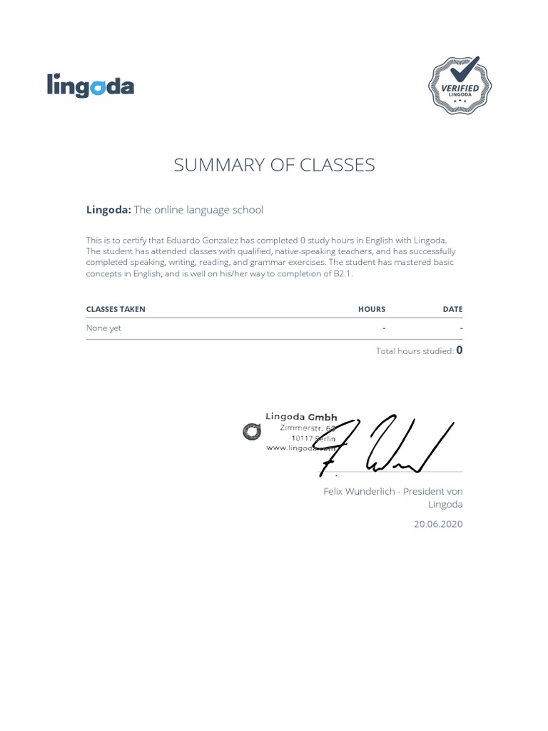 Lingoda certificate summary of 0 hours studied in English classes | PDF