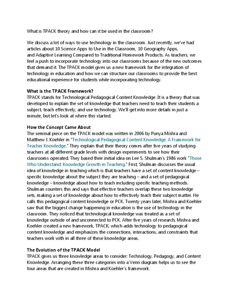 What Is TPACK Theory and How Can It Be Used in The Classroom | PDF ...