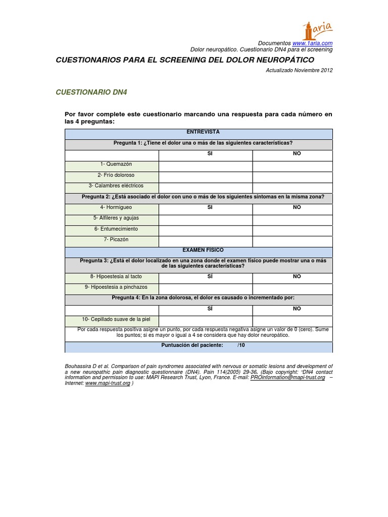Dolor Neuropático. Test DN4 para Screening PDF | PDF