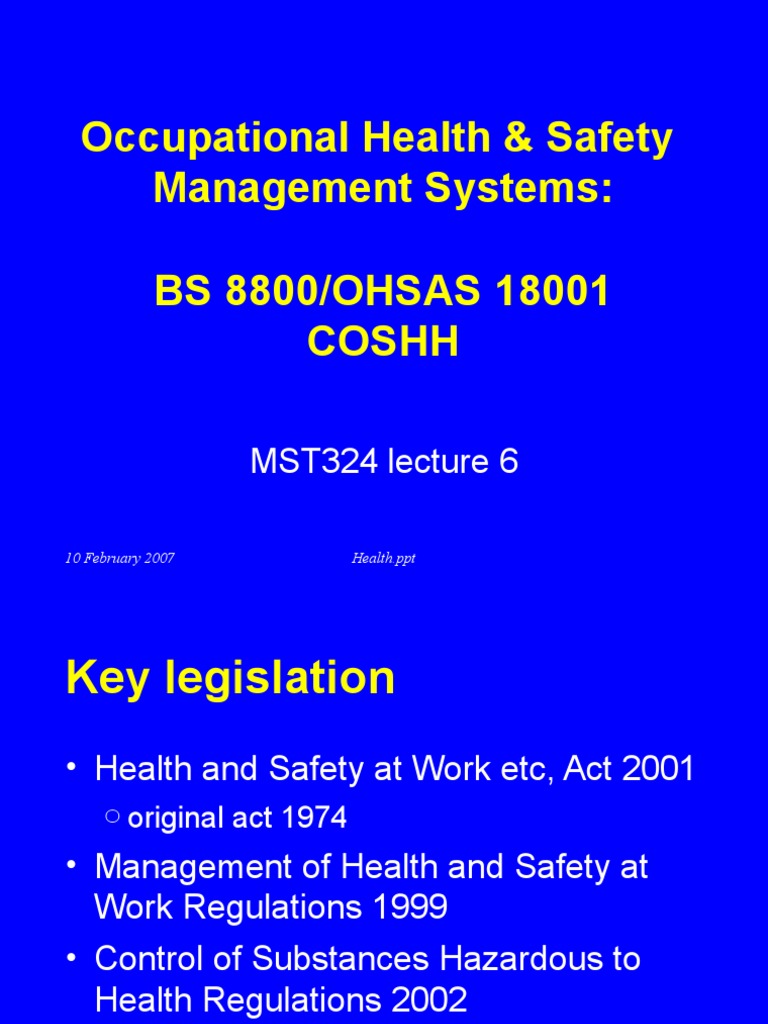 Occupational Health & Safety Management Systems: BS 8800/OHSAS 18001 ...