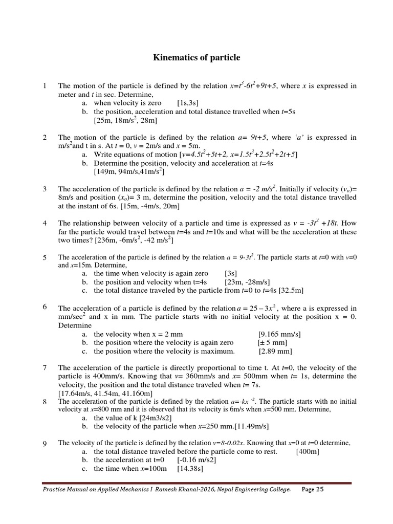 Kinematics of Particle: Practice Manual On Applied Mechanics I Ramesh ...