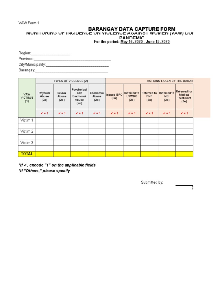 Barangay Data Capture Form: Monitoring of Incidence On Violence Against ...