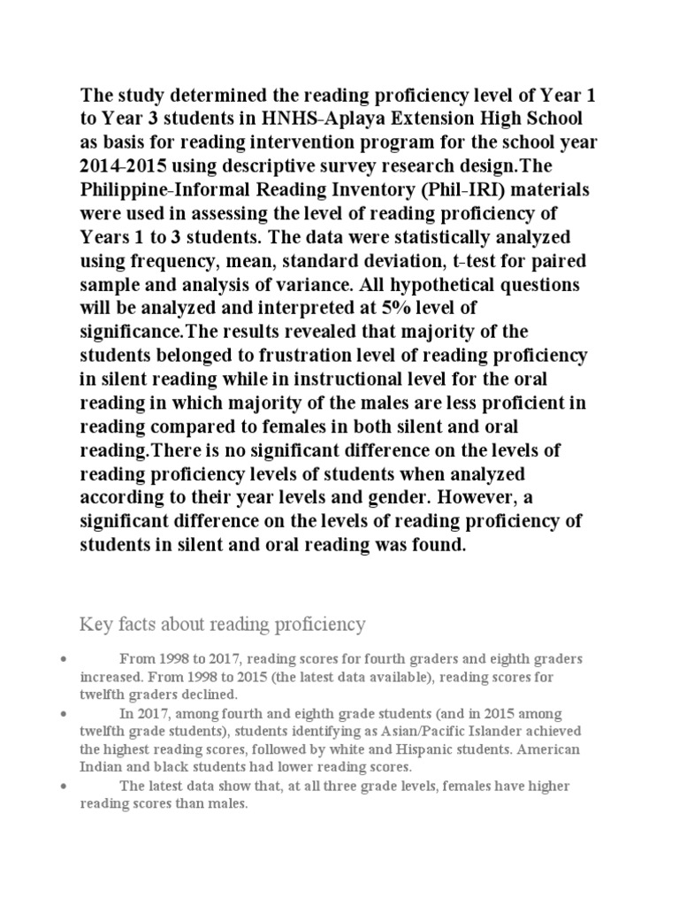 Assessing the Reading Proficiency Levels of Year 1 to Year 3 Students ...