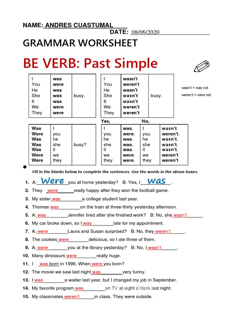 BE VERB: Past Simple: Grammar Worksheet | PDF