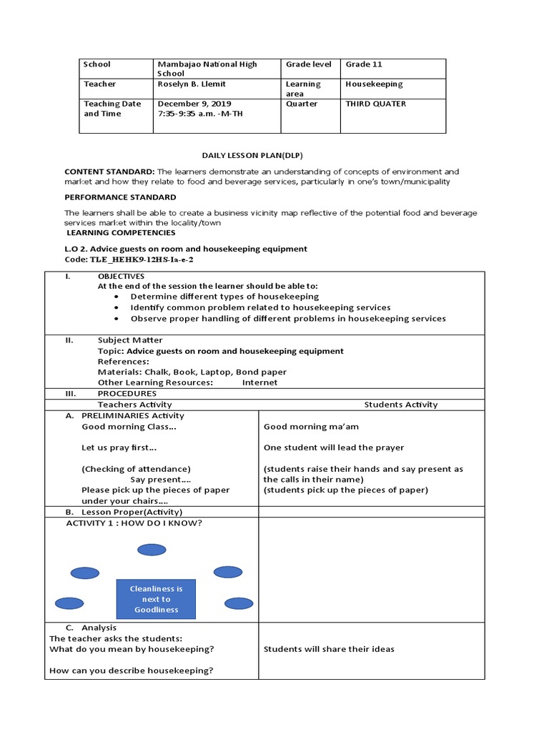 House 4 | PDF | Housekeeping | Lesson Plan