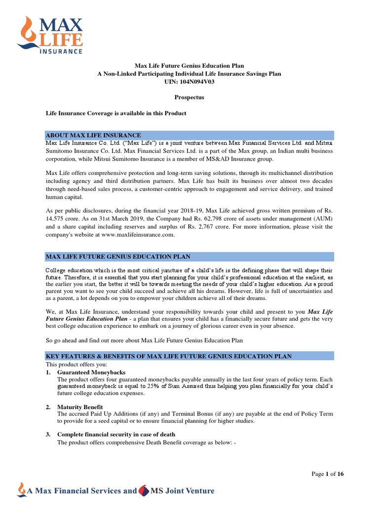 Max Life Future Genius Education Plan Prospectus | PDF | Insurance ...