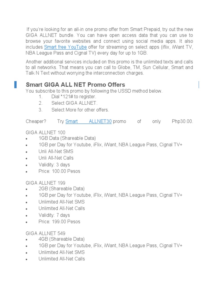 Smart GIGA ALL NET Promo Offers | PDF