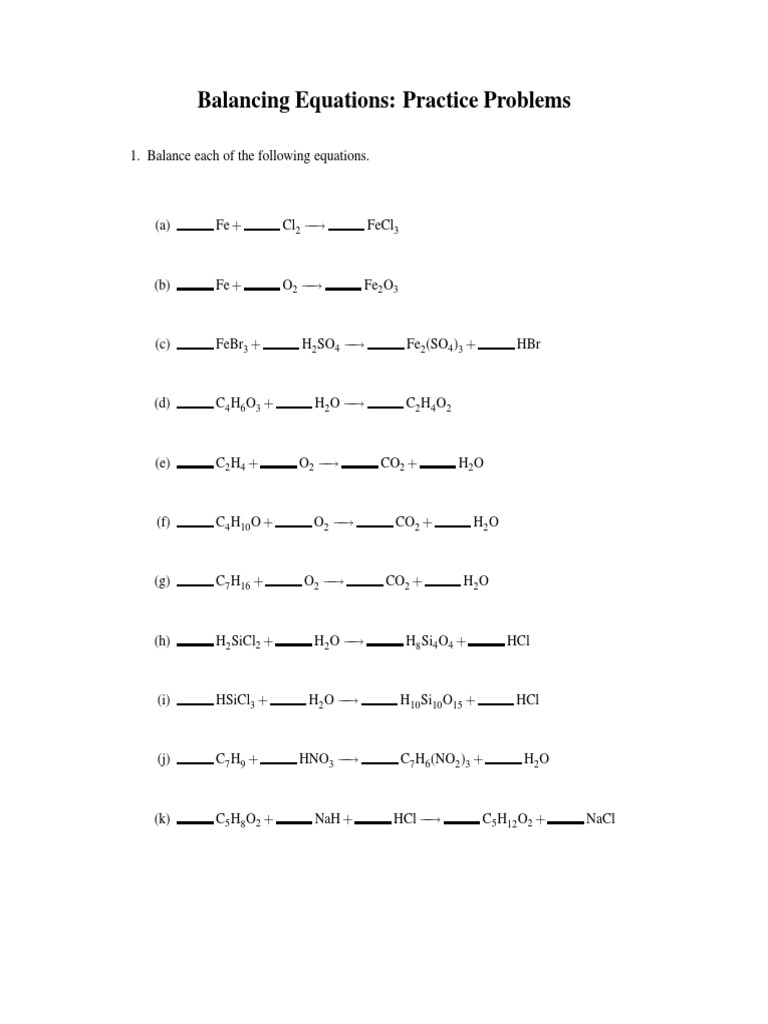 Balancing Equations: Practice Problems | PDF | Stoichiometry | Chemical ...