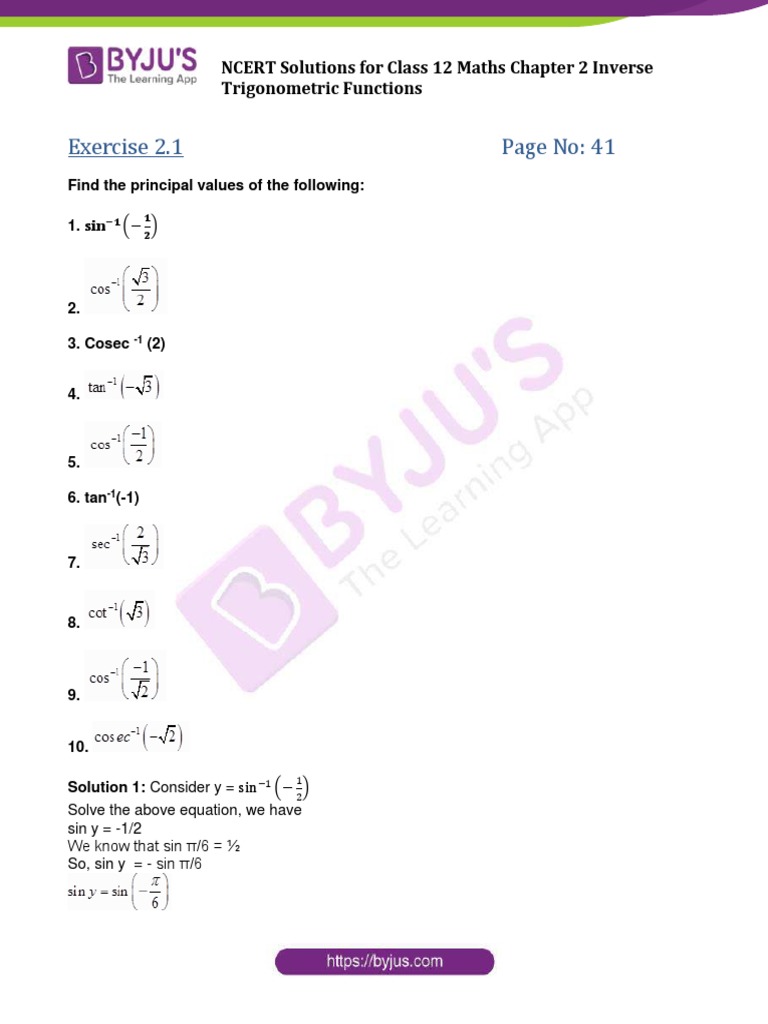 NCERT Solutons For Class 12 Maths Chapter 2 Inverse Trigonometric Functions PDF | PDF ...