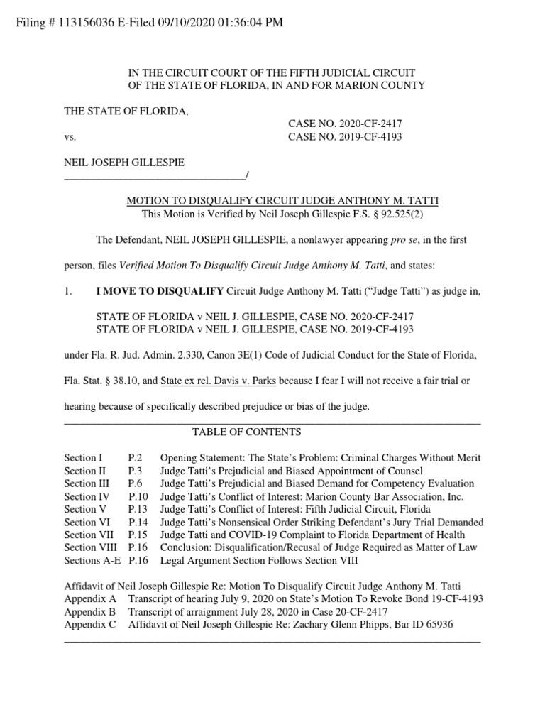 Verified Motion To Disqualify Circuit Judge Anthony Tatti | PDF | Public Defender | Fourteenth ...