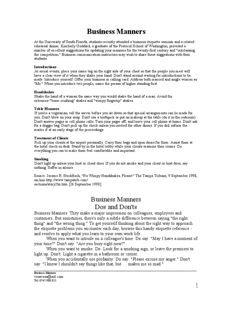 Business Manners Dos and Don'ts | PDF | Etiquette | Perfume