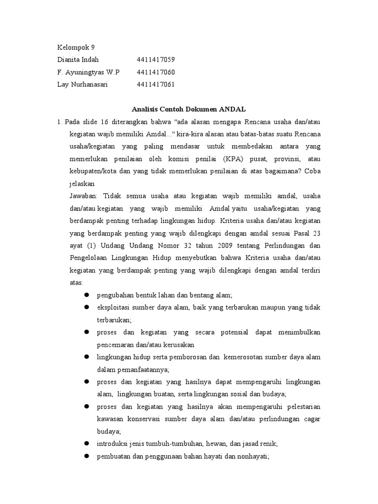 Kelompok 9 - Analisis Contoh Dokumen ANDAL | PDF