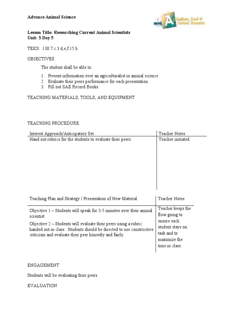 Advance Animal Science Lesson Title: Researching Current Animal ...