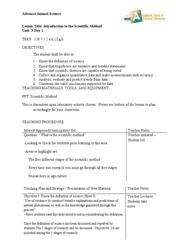 Advance Animal Science Lesson Title: Introduction To The Scientific ...