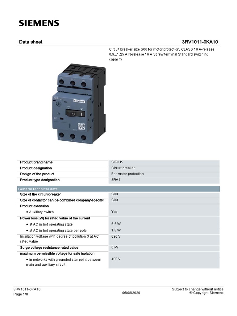 3RV10110KA10 Datasheet en | PDF | Alternating Current | Electric Motor