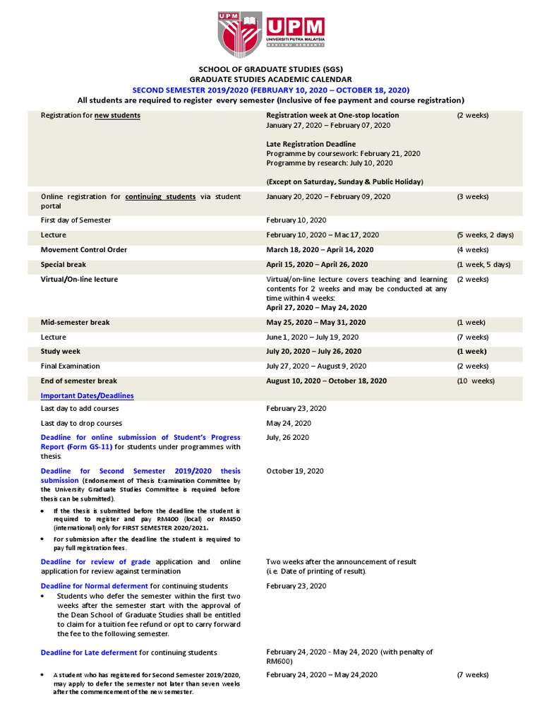 UPM Graduate Studies Calendar 2019/2020 | PDF | Thesis | Postgraduate ...