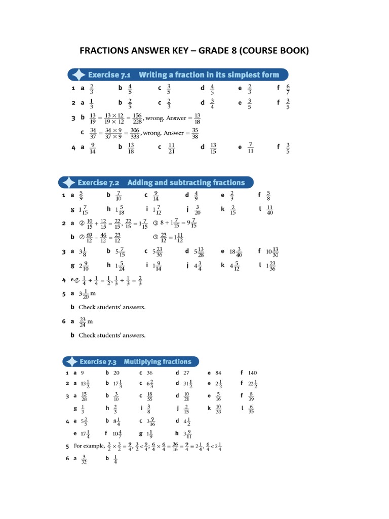 Fractions Answer Key - Grade 8 (Course Book) | PDF