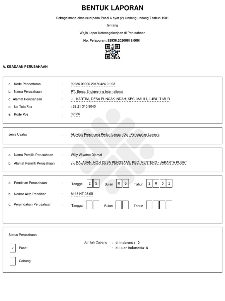 Contoh Wajib Lapor Perusahaan | PDF