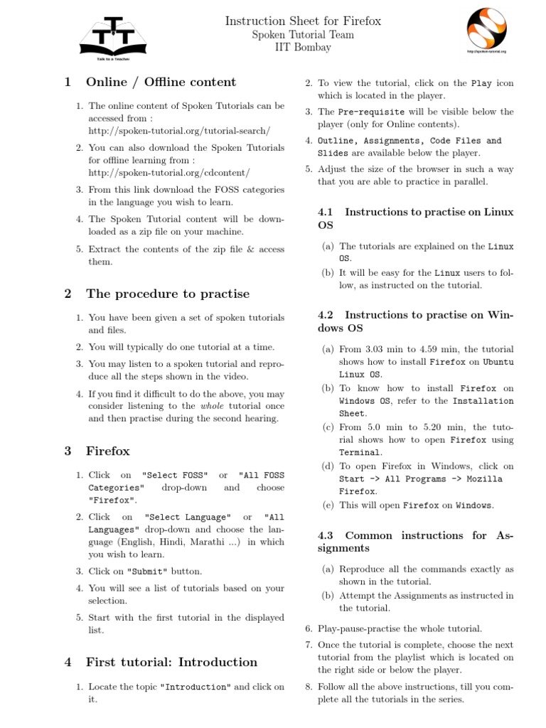 Instruction Sheet For Firefox: Spoken Tutorial Team IIT Bombay | PDF | Linux | Online And Offline