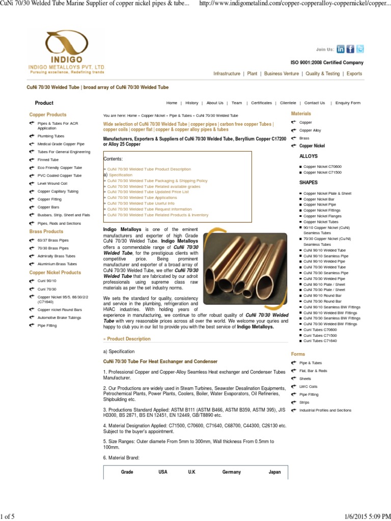 CuNi 70 - 30 Welded Tube Marine Supplier of Copper Nickel Pipes & Tubes ...