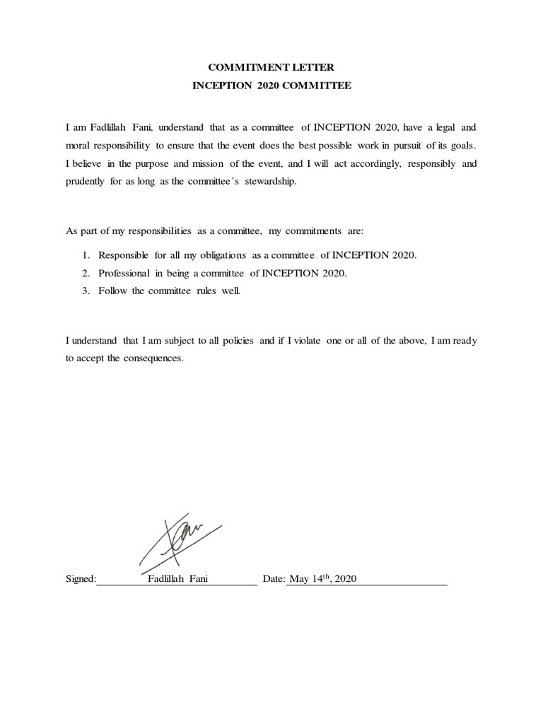 Commitment Letter Inception 2020 Committee | PDF