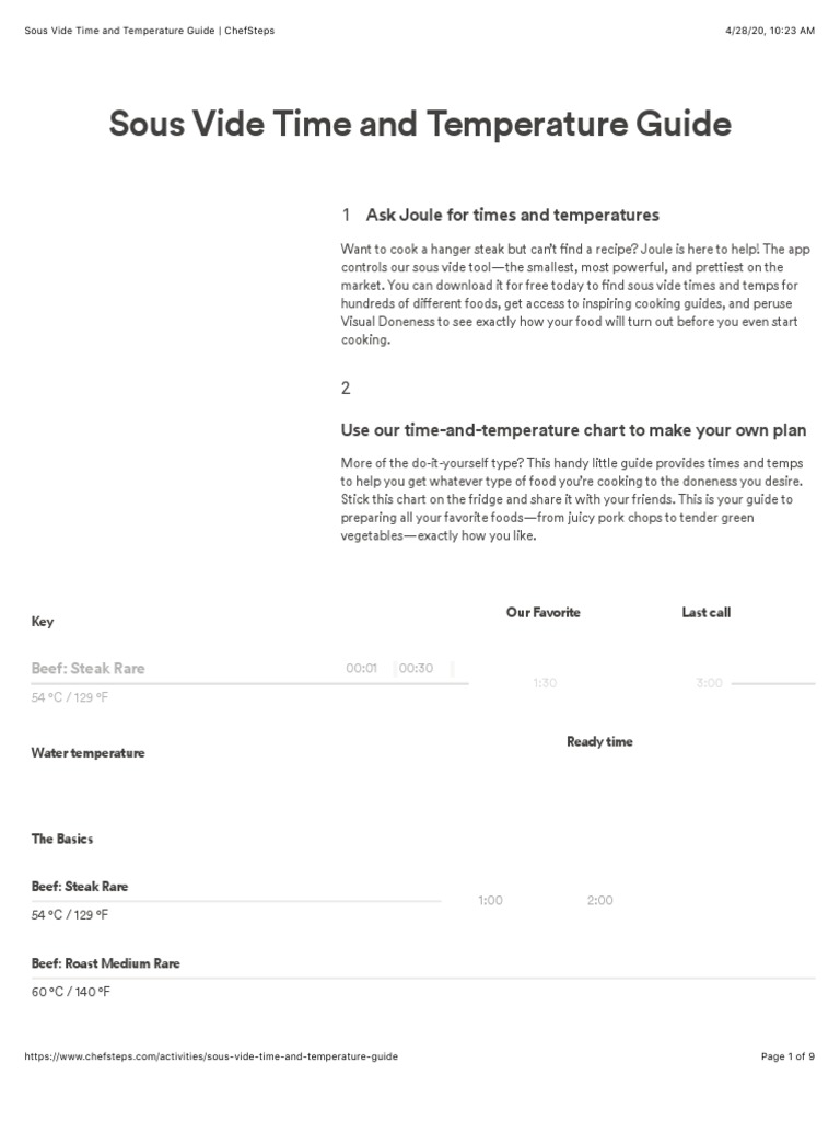 Sous Vide Time and Temperature Guide - ChefSteps | PDF | Steak | Beef