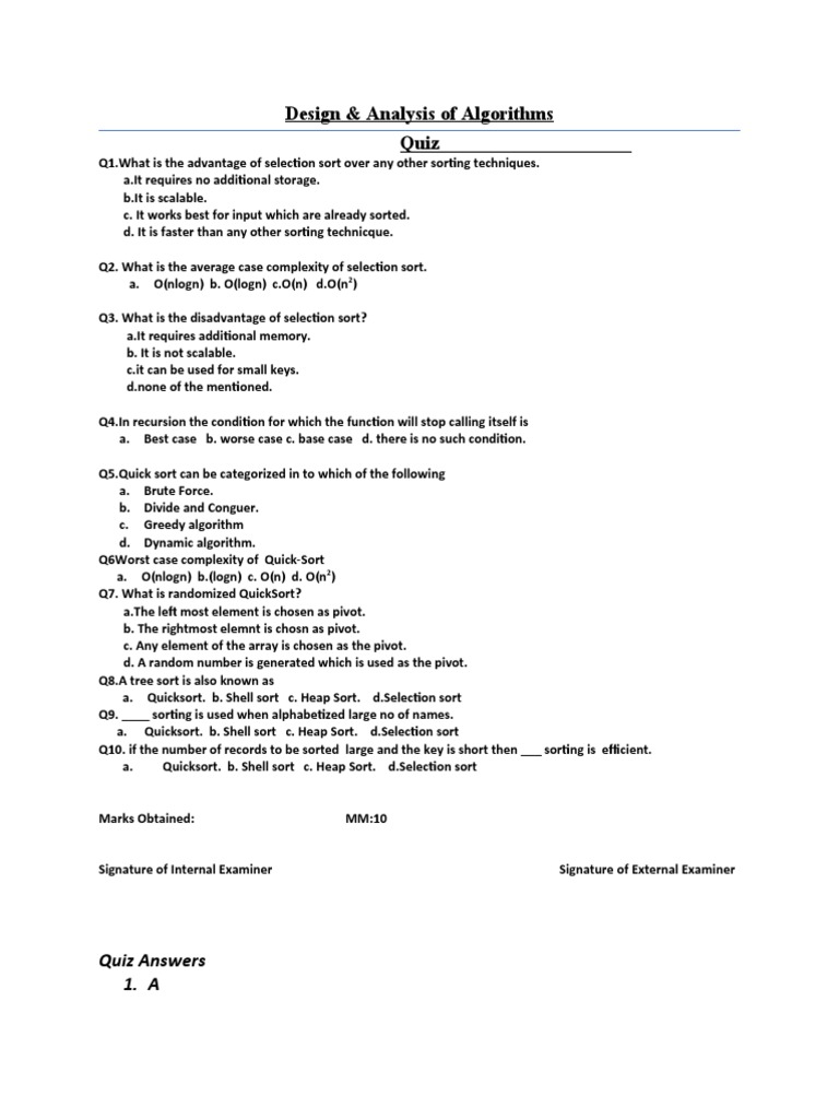 Design & Analysis of Algorithms Quiz | PDF