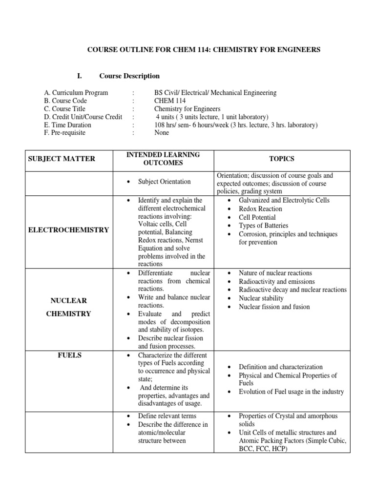 Course Outline For Chem 114: Chemistry For Engineers: Intended Learning ...