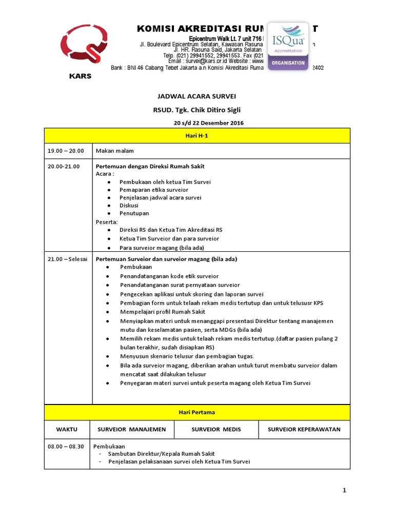 Jadwal Survei 3 Hari RSUD. Tgk. Chik Ditiro Sigli | PDF