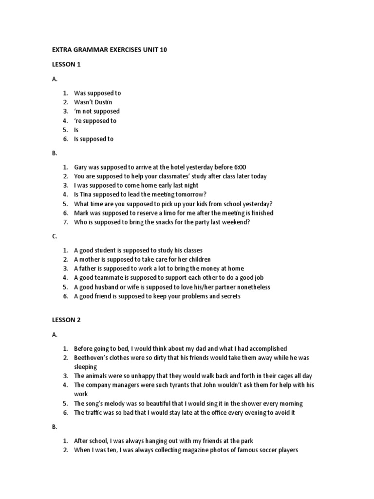 Extra Grammar Exercises Unit 10 | PDF