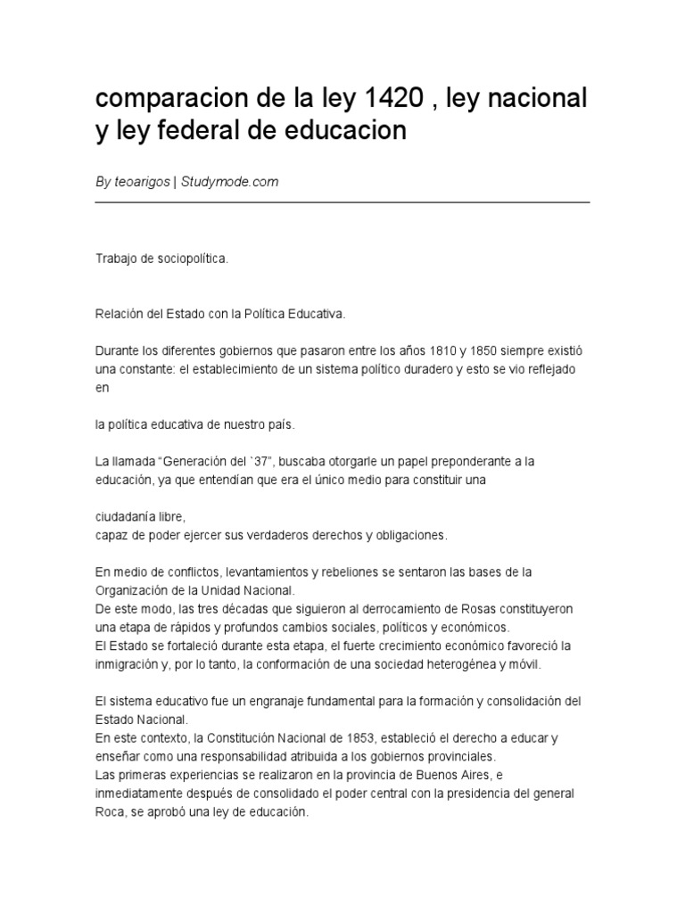Comparacion de La Ley 1420 Ley Nacional | PDF | Educación primaria ...