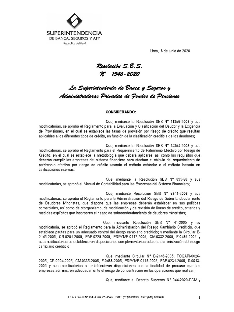 Resolución S.B.S. #1546-2020 La Superintendenta de Banca y Seguros y Administradoras Privadas de ...