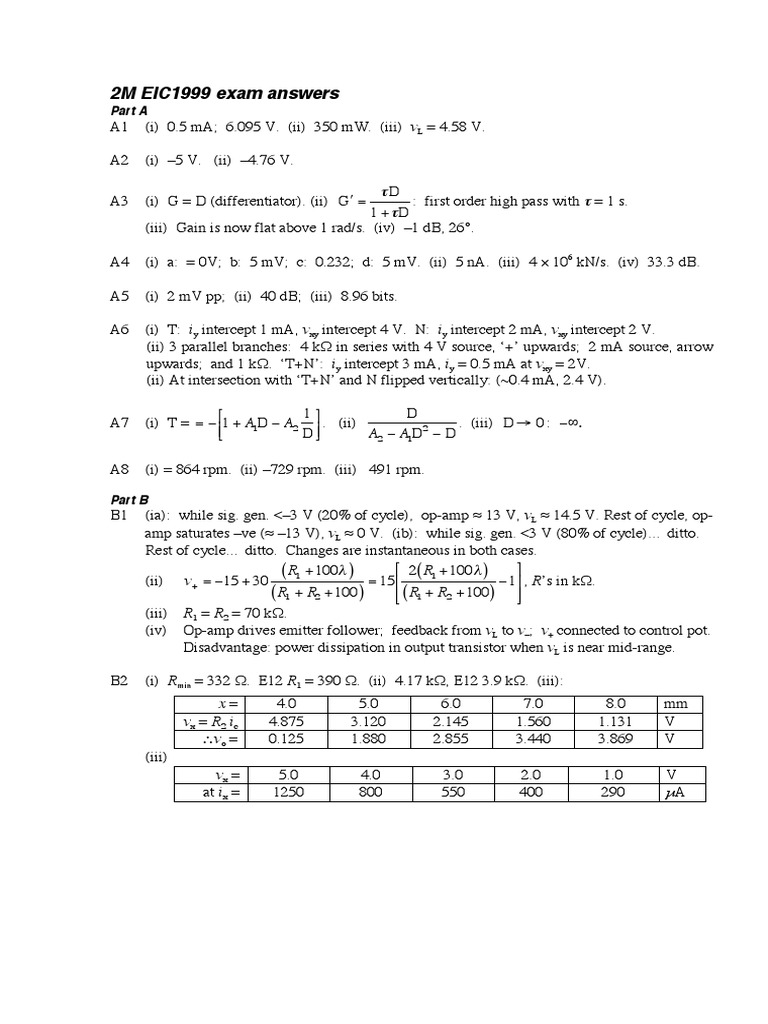 2M EIC1999 Exam Answers: Part A | PDF | Amplifier | Electronic Engineering