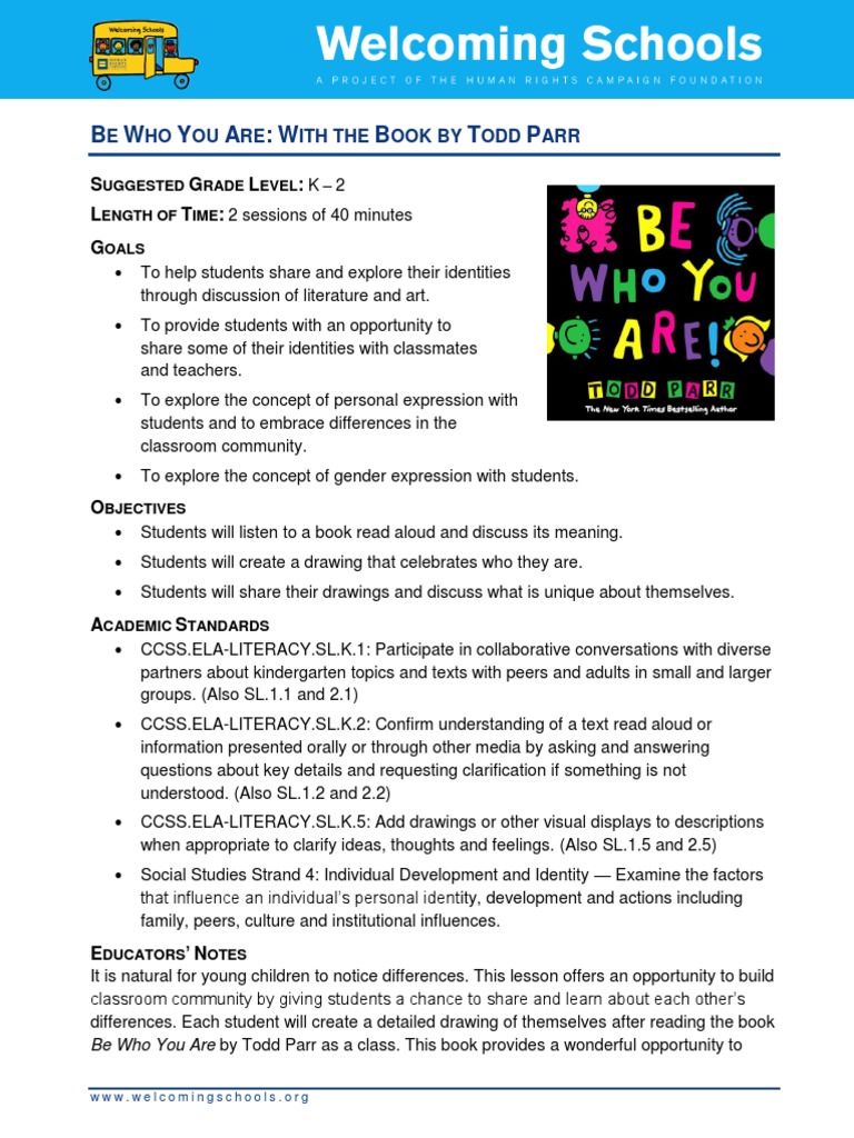 WS Lesson Be Who You Are Todd Parr | PDF | Identity (Social Science ...