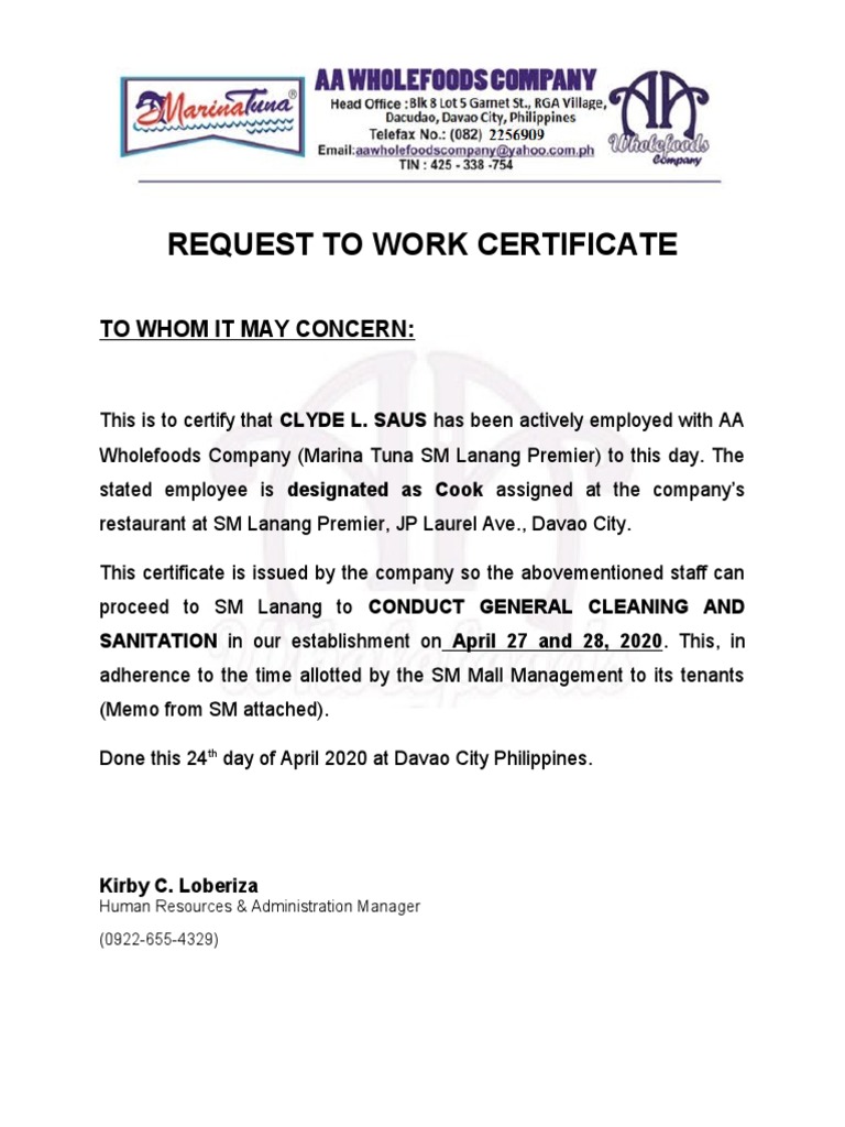 Request To Work Certificate | PDF | Gastronomy | Restaurants