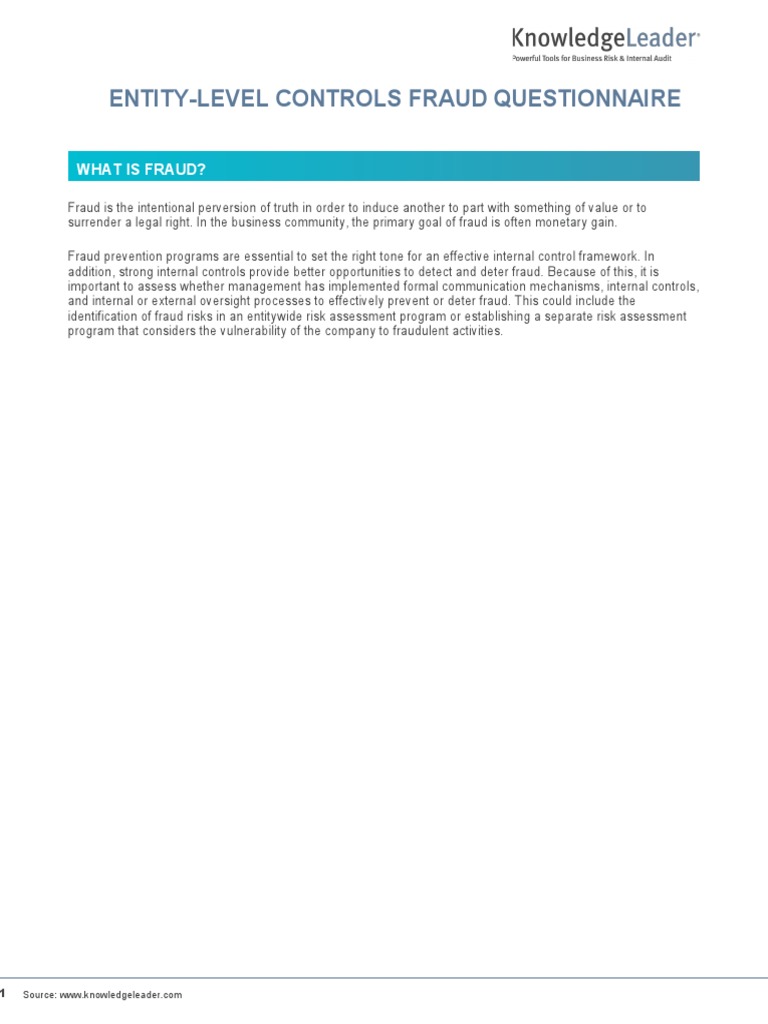 Entity-Level Controls Fraud Questionnaire | PDF | Internal Control ...