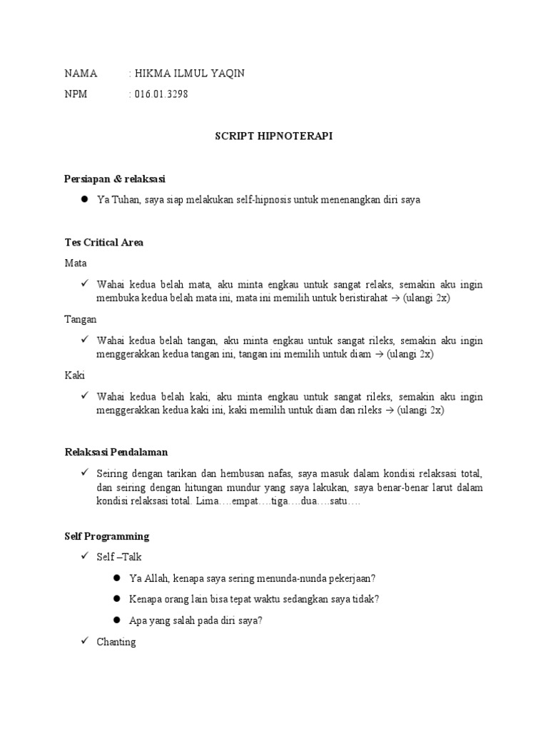 Script Hipnoterapi (Hikma Ilmul Yaqin) | PDF