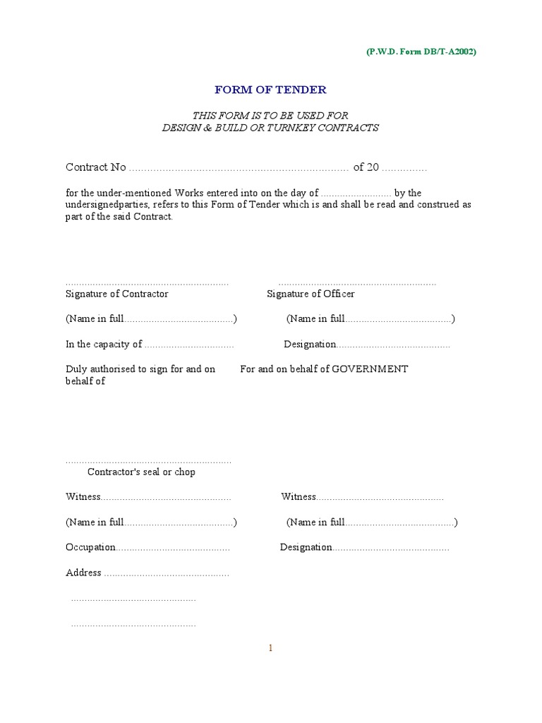 Form of Tender PWD Form DB T - A2002 | PDF | Guarantee | Government ...