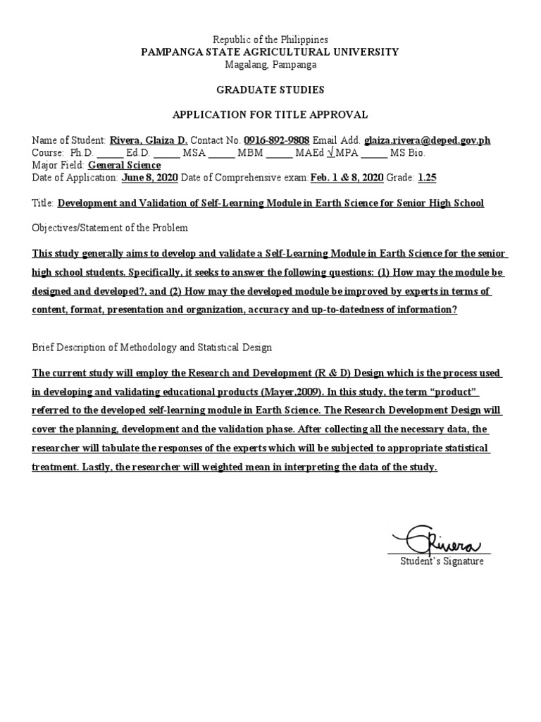Application For Title Approval - Glaiza D. Rivera | PDF | Thesis | Doctor Of Philosophy