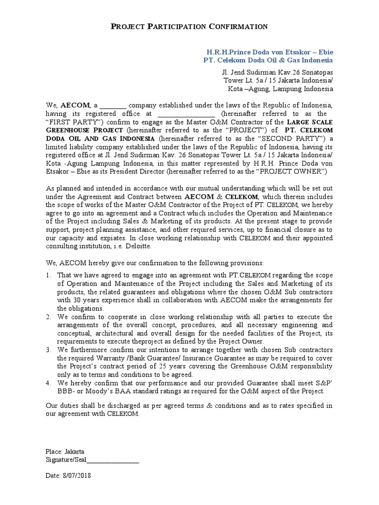 Project Participation Confirmation Letter Aecom To Celekom | PDF ...